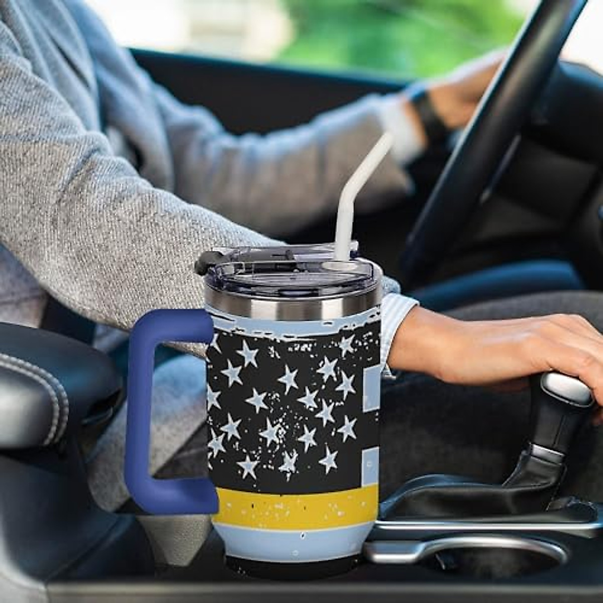 Vintage 911 Dispatcher Thin Gold Line Flag 40 Oz Tumbler Insulated Stainless Steel Water Bottle Travel Mug Car Cup with Handle And Straw