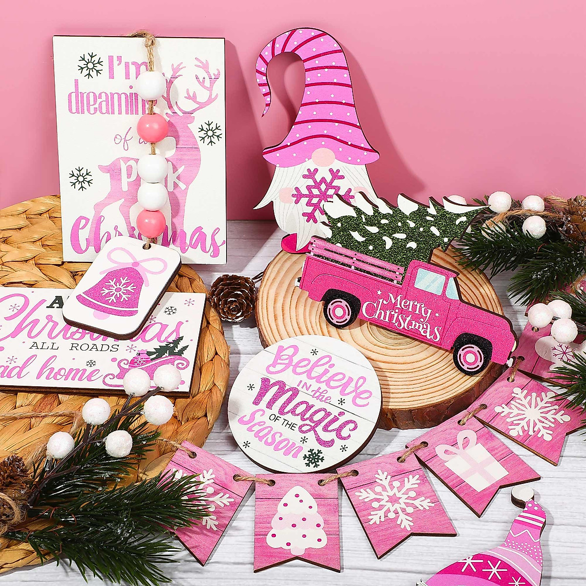 VIDELLY Christmas Tiered Tray Decor Set, 15 Pieces Wood Rustic Farmhouse Table Decor Pink Gnome Elk Snowflakes Bell Christmas Decorations