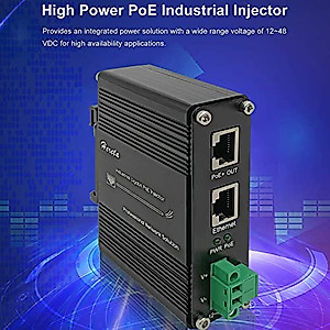 Hardened Industrial Gigabit PoE+ Injector 12-48VDC Input with DIN-Rail and Wall Mount Connecting The IEEE 802.3 af/at PoE Device (30W)