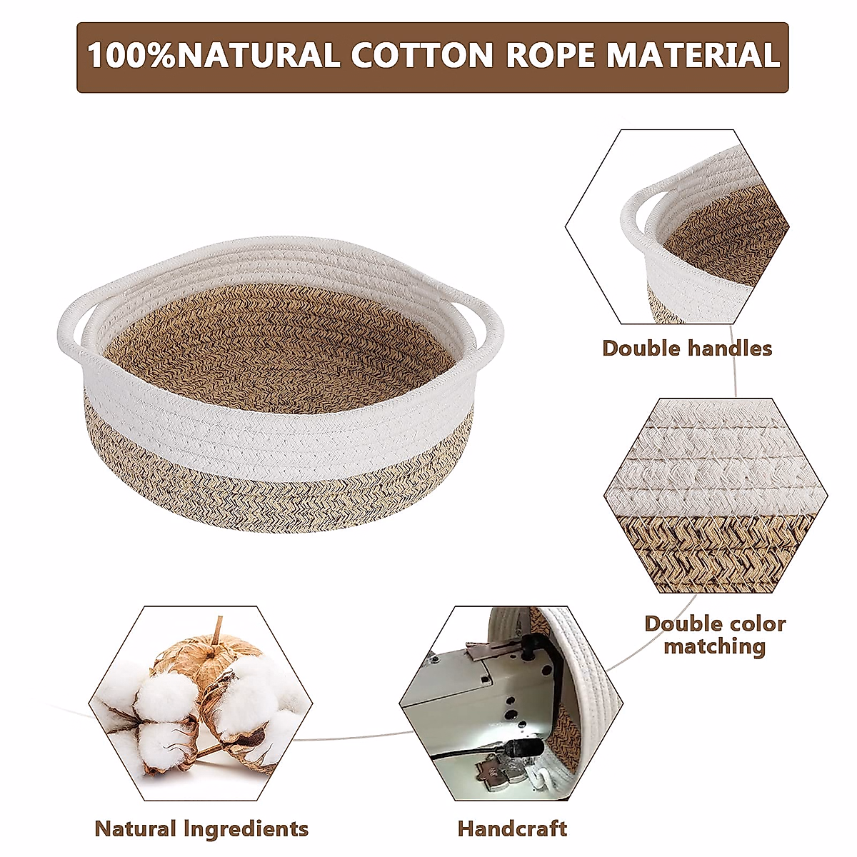 VIEIRO Storage basket set of 5 100percent cotton rope woven small baskets, household storage bins with handles, used for nursery supplies, clothes/toys/keys/books/cosmetics/woven storage basket,Brown