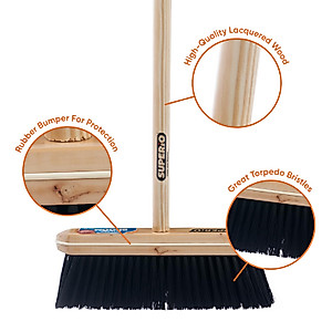 Superio Kitchen Broom Premium Black Tampico Bristles, Wood USA Handle, Heavy Duty Household Broom - Easy Swiping Dust and Wisp, Home, Kitchen Bedroom, Lobby, Floors and Corners