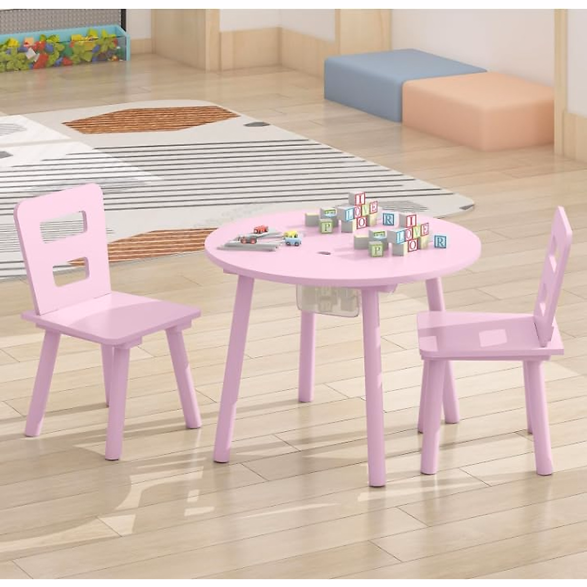 cuoote Kids Table and Chair Set, Wood Kids Table and 2 Chair Set, Round Toddler Table with Center mesh Storage, for Boys and Girls (Pale Pink)