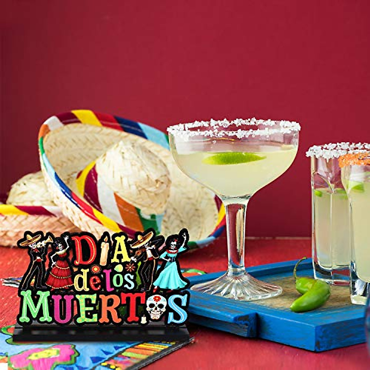 Halloween Table Centerpieces Day of The Dead Decorations Dia de Los Muertos Sugar Skull Signs Happy Halloween Decorations, Mexican Skeleton Skull Wooden Papel Picado Dinner Tier Tray Decor