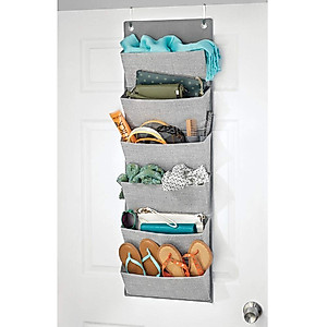 mDesign Soft Fabric Over The Door Hanging Storage Organizer with 6 Large Pockets for Closets in Bedrooms, Hallway, Entryway, Mudroom - Textured Print - Hooks Included - Gray