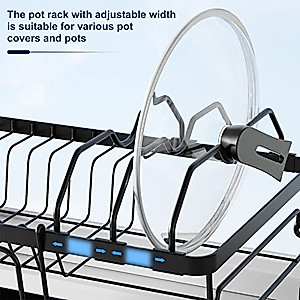 Aonee Dish Drying Rack, 2 Tier Dish Rack with Water Locking Function Drainboard, Pot Rack, Cutlery Holder, Cutting-Board Holder and Cup Holder, Rust-Proof Metal Large Dish Racks
