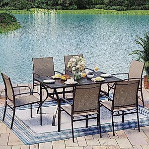 MIXPATIO Patio Dining Set 7 Piece Outdoor Furniture Set with 6 Brown Textilene Chairs and Metal Rectangular Table for Deck Garden Backyard Lawn Poolside