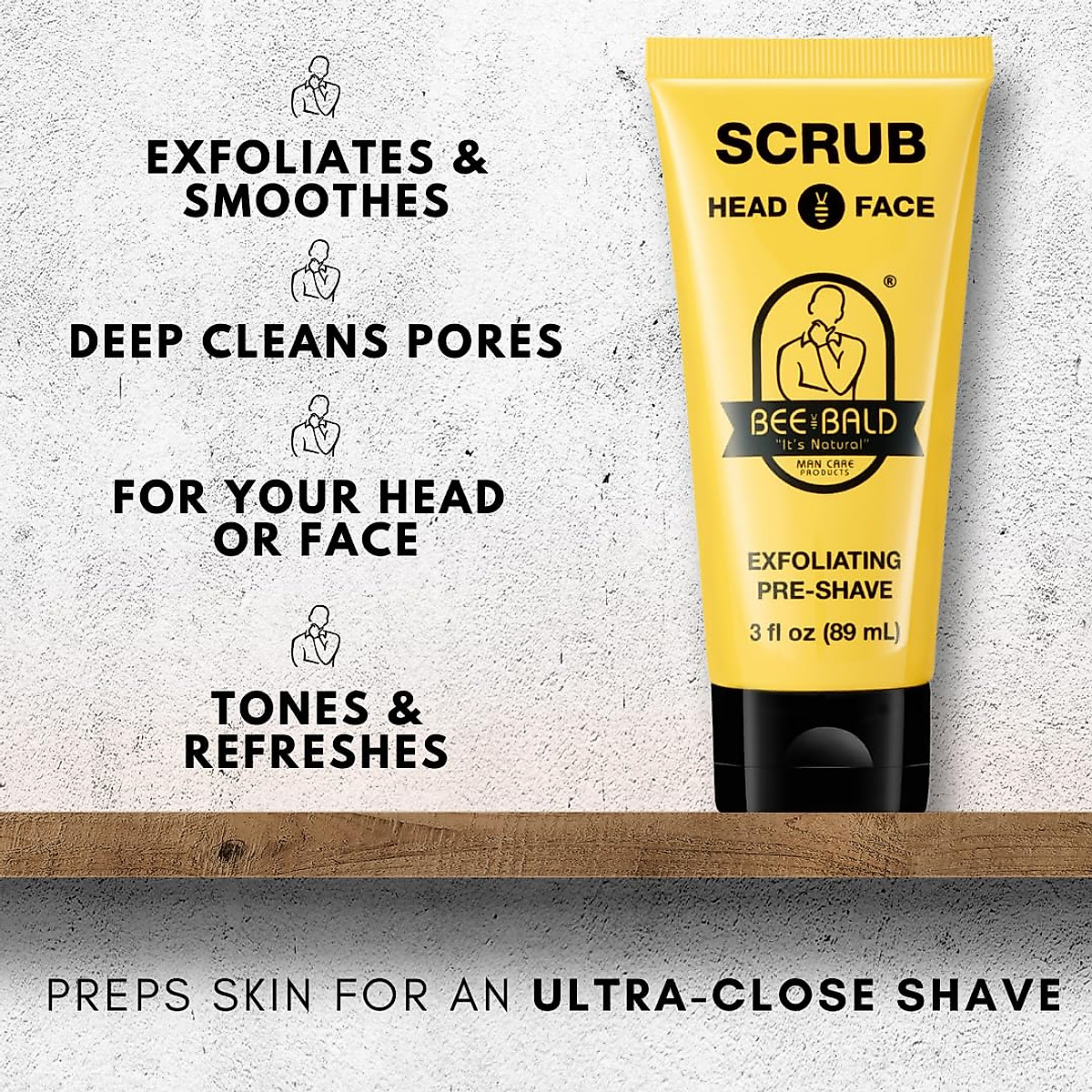Bee Bald SCRUB Exfoliating Pre-Shave for Deep Cleans & Removing Pore Clogging Dirt, Oil & Dry Flaky Skin. Prepares You For a ‘Super Close Shave’, 3 Fl Oz