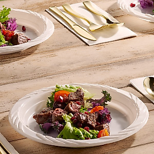 Munfix 200 White Plastic Plates Set - 9 Inch Plastic Dinner Plates, Disposable Plates Bulk Pack, Party Plates for BBQ, Picnic, Parties, Travel and Events, Microwavable Recyclable