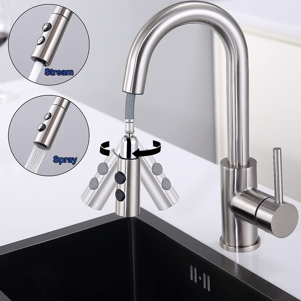 Bar Faucet with Pull Out Sprayer Single Hole, JXMMP Single Handle Stainless Steel Brushed Nickel Bar Sink Faucets with Sprayer, Modern Small Kitchen Sink Faucet with cUPC Supply Hose
