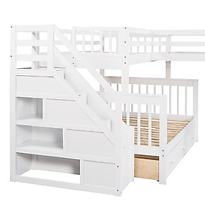 CITYLIGHT Twin Over Full L-Shaped Triple Bunk Bed for Kids, Wooden Corner Bunk Bed with 3 Storage Drawers Attached a Twin Loft Bed,Bunk Beds with Stairs and Ladder for Boys Girls Teens,Espresso