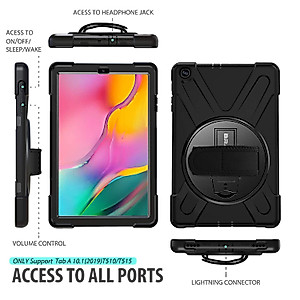 BRAECN for Galaxy Tab A 10.1 2019 Case, Heavy Duty Shockproof Rugged Case with 360 Degree Rotating Hand Strap/Stand and Shoulder Strap for Samsung Tab A 10.1 SM-T510/T515 2019 (Black)