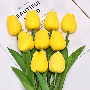 BOMJJOR 20 Heads Tulips Artificial Flowers Real Touch Tulips Silk Artificial Tulips Flower Bouquet for Room Centerpiece Party Wedding Office Garden Home Decor 13.4" Authentic PU Tulips (Yellow)