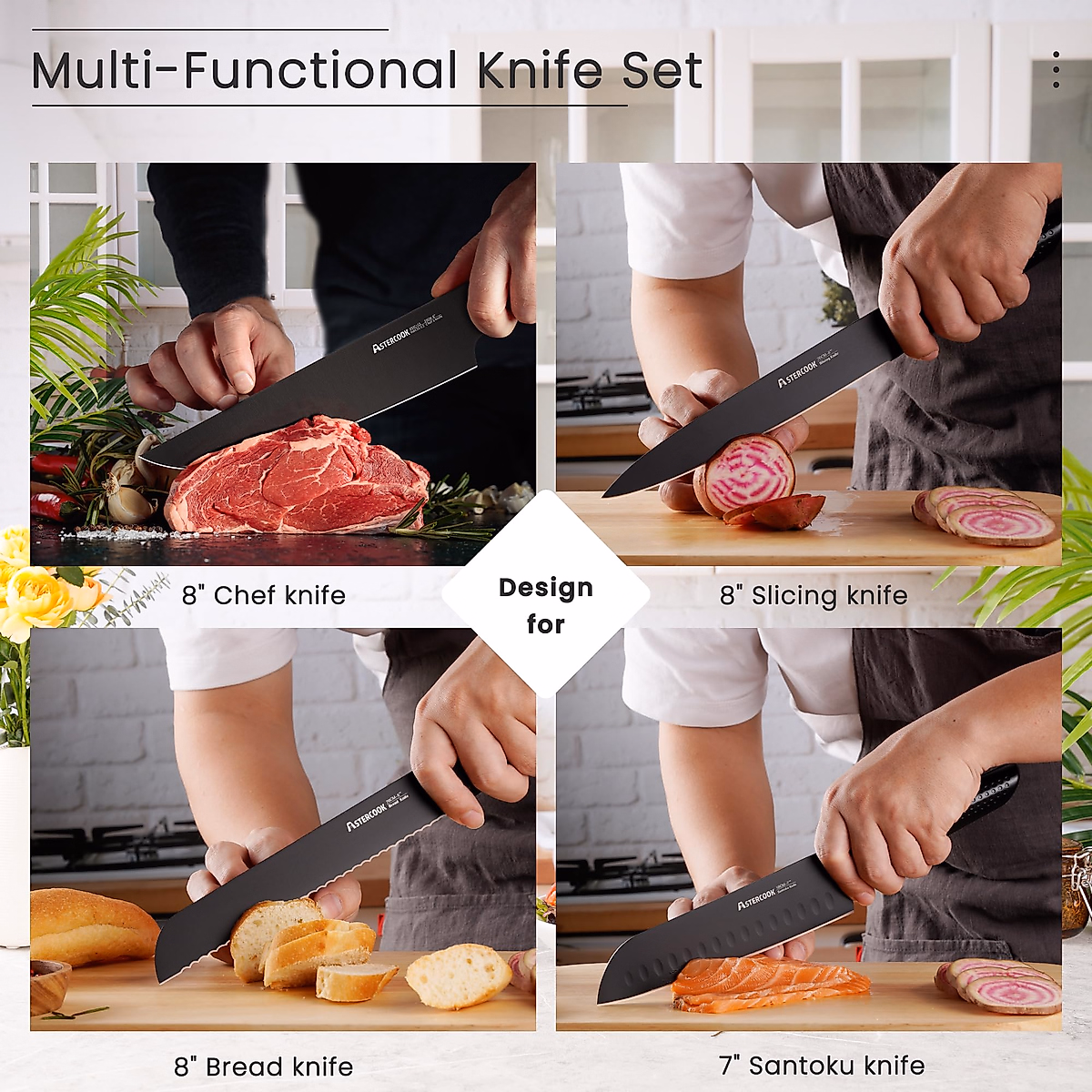 Astercook Knife Set, 21 Pieces Chef Knives Set with Block for Kitchen, German Stainless Steel Handle One-Piece Design Knife Block Sets, Dishwasher Safe, Black