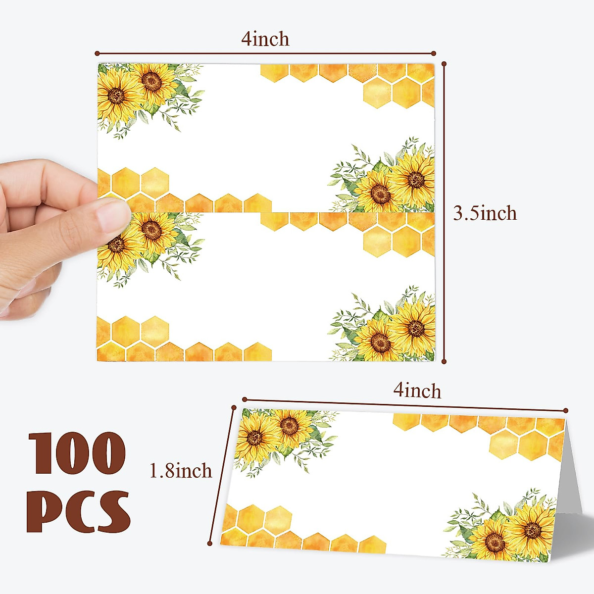 Whaline 100Pcs Summer Sunflower Place Cards Honeycomb Tented Cards Floral Seating Name Cards for Baby Shower Birthday Wedding Party Table Setting Supplies, 4 x 1.8 in