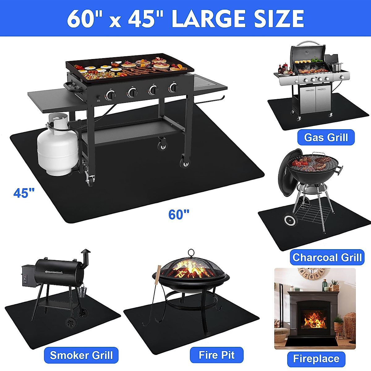 KOYLIM Under Grill Mats for Outdoor Grill - 60 × 45 inches Deck and Patio Protector Double-Sided Fireproof Mat - Oilproof Waterproof BBQ Mat for Under BBQ - Fire Pit Pads Indoor Floor Fireplace Mat