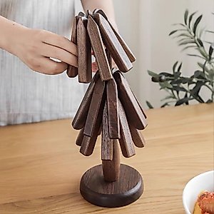 SHEKAKO Wooden Trivet Pads Set, 3 Heat Resistant Pot Holders, Non-Slip Foldable Wood Coaster, Christmas Tree Shaped Trivet Mats, Home Decor for Table Protection for Drinks, Plates, Pots, Pans (A)