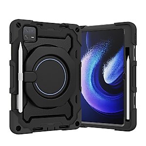 DWaybox Case for Xiaomi Pad 6 / Pad 6 Pro 11.0 inch, PC + Silicone 3-Layers Combo Armor Heavy Duty Shockproof Cover with 360° Rotating Ring Stand -Black