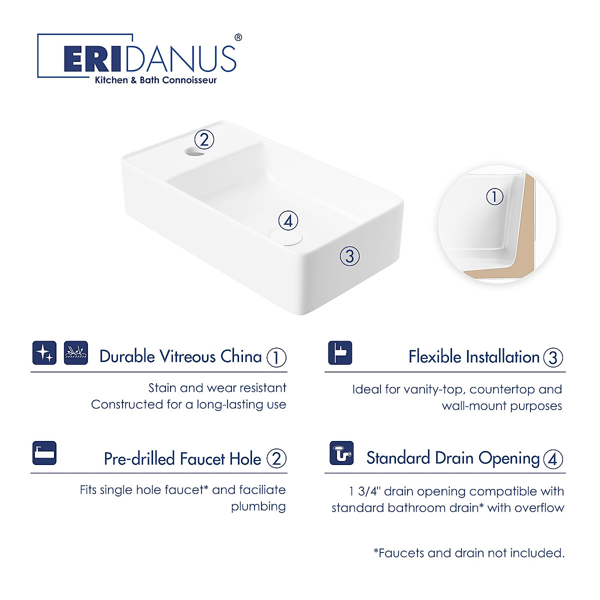 Bathroom Sink 18" x 10" Rectangle, Eridanus Wall Mount Vessel Sink Floating, Modern White Ceramic Porcelain Vitreous Countertop Wash Basin Wall Hang Bowl Space Saving Small Sinks