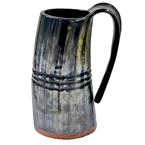 HONGLAYS Ox Horn Mug-Natural Buffalo Horn Viking Drinking Mug Viking Mug Cup (With Ring carving in Redwood Bottom)