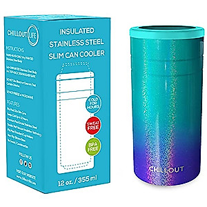 CHILLOUT LIFE Skinny Can Cooler for Slim Beer & Hard Seltzer | 12oz Stainless Steel Tall Triple Insulated Can Drink Holder - 1 Pack