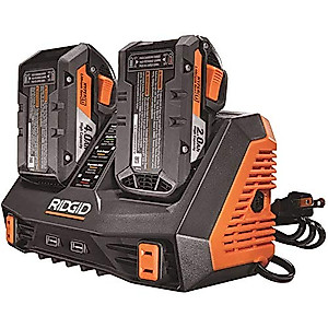Ridgid AC840094 Gen5X Dual Port 18V Lithium Ion and NiCad Battery Charger with Pass-Through AC Ports and USB Charging (Batteries Not Included, Charger Only)