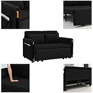 Eafurn Futon Loveseat Couch with Pull Out Bed,3-in-1 Upholstery Convertible Sleeper Sofa Reclining Chaise Lounge with Adjustable Backrest, Sofacama Sofabed, Black 54"