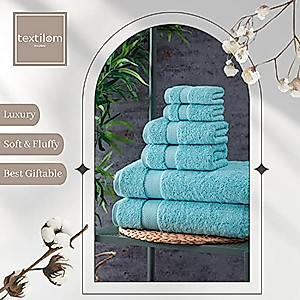 TEXTILOM 100% Turkish Cotton 6 Pcs Bath Towel Set, Luxury Bath Towels for Bathroom, Soft & Absorbent Bathroom Towels Set (2 Bath Towels, 2 Hand Towels, 2 Washcloths)- Aqua