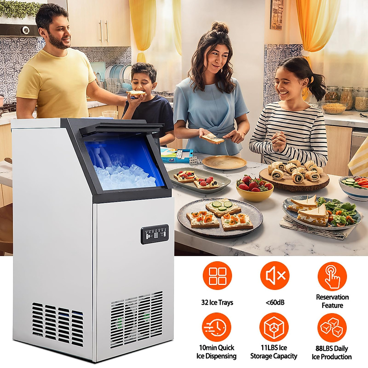 Commercial Ice Machine 120lbs/24H, Counter Ice Maker with 24LBS Storage Bin, 45 Ice Trays, Stainless Steel Ice Machine for Bar,Cafe,Restaurant ﻿