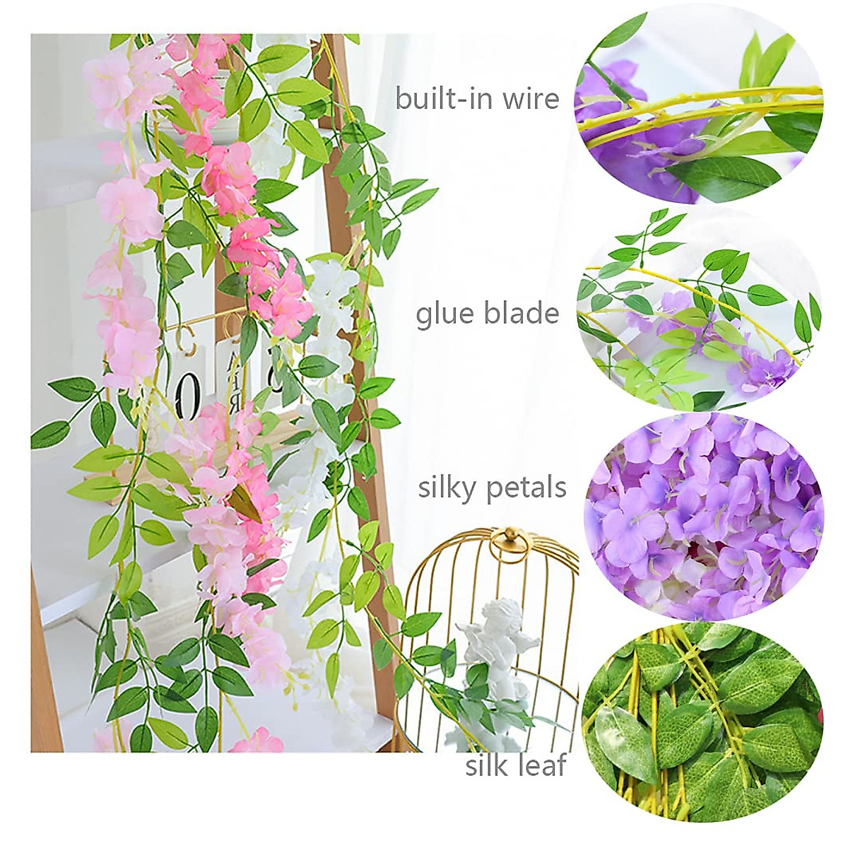 Lmeison Pink Wisteria Garland, 4Pcs Total 24ft Hanging Wisteria Flowers Silk Strings, Artificial Flowers Fake Plants Vine for Room Home Garden Outdoor Ceremony Wedding Arch Floral Decor