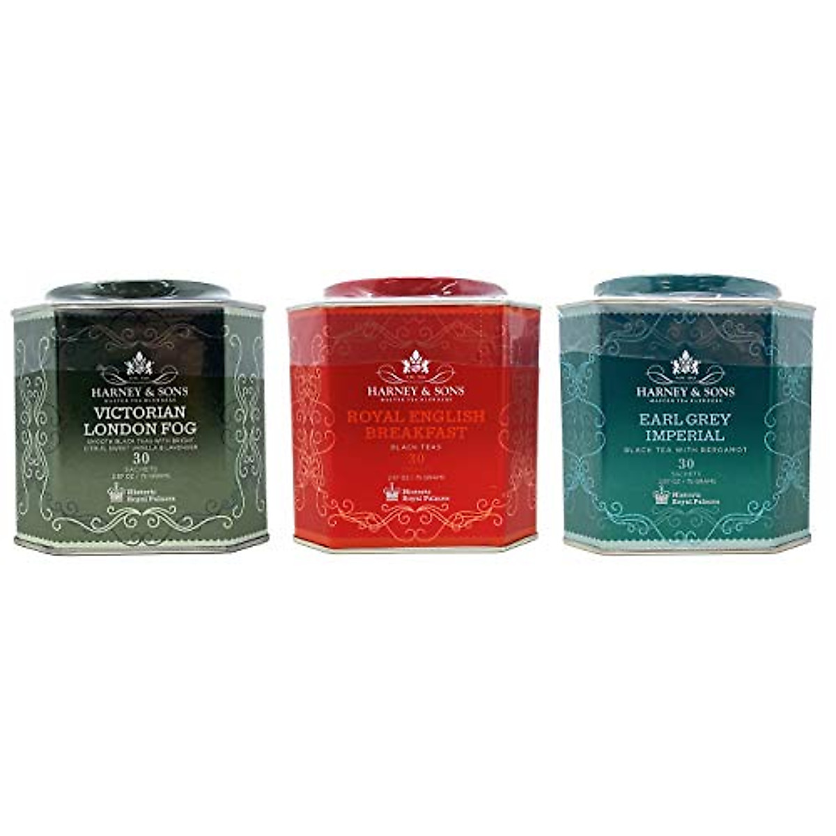Harney & Sons Historic Royal Palaces Black Tea Collection Set of 3 - Victorian London Fog, Royal English Breakfast, & Earl Grey Imperial