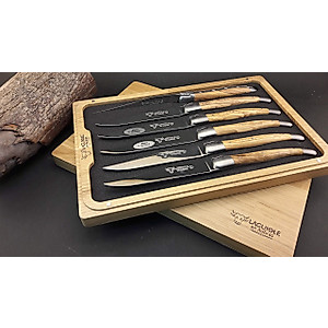 Laguiole en Aubrac Luxury Fully Forged Full Tang Stainless Steel Steak Knives 6-Piece Set with Olivewood Handle, Stainless Steel Matte Bolsters