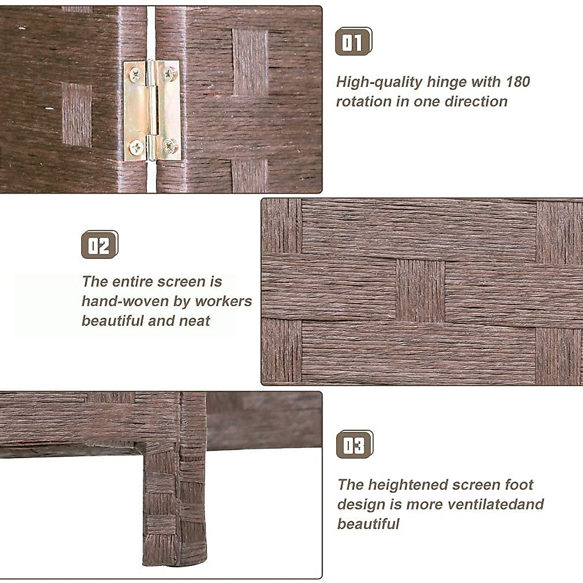 6-Panel Room Divider Folding Screen Wooden Partition, 6 ft. Tall Weave Fiber Extra Wide Foldable Panels Wall Divider Double Hinged Privacy Outdoor/indoor Divider for Home Office Dorm Decor - Brown