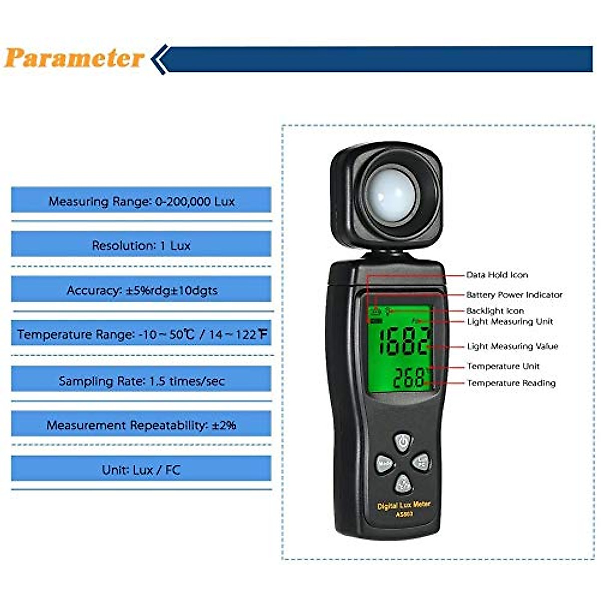 Digital Lux Meter, Illuminometer, Photometer, 0～200,000 Lux Measure Range, Lux/FC Unit Selection for Homes, Agriculture, Warehouses, Farms, Stage, Stadiums(Battery NOT Included)