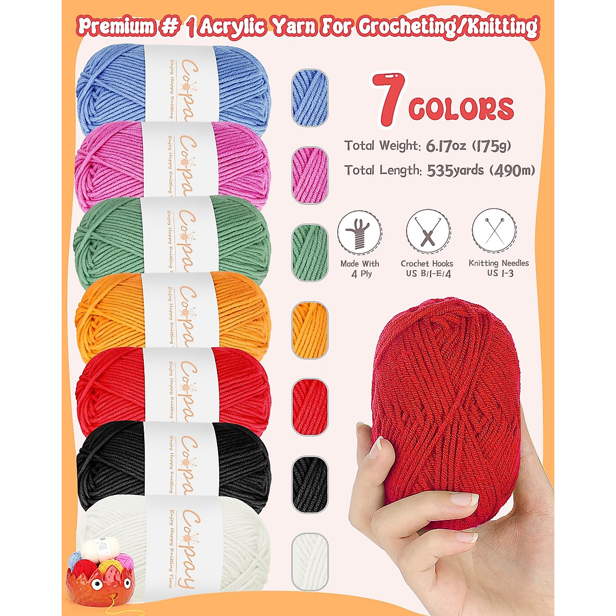 Coopay Flame Yarn Bowl for Crocheting/Knitting, Cute Yarn Storage Bowl with 7PCS Yarn, Large Size Ceramic Yarn Bowl Crochet Knitting Bowl for Beginners, Great Knitting Crochet Gift (6.8in)