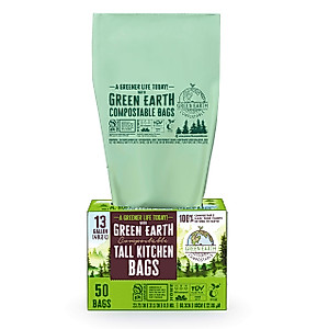 Green Earth Compostable Tall Kitchen Food Scrap Waste Bags, 13 Gallon, 49 Liter, 50-Count, Superior Strength 0.9 Mil Thickness, ASTM D6400, US BPI & Europe OK Compost Home Certified, USA