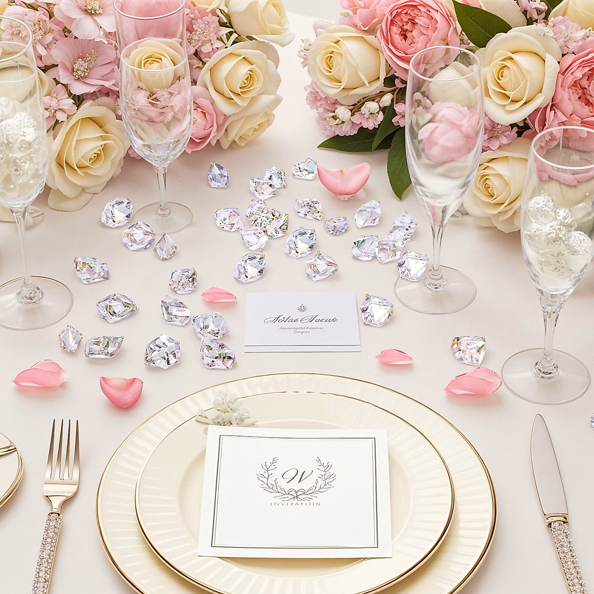 DomeStar Dazzling Fake Ice Rocks - 150PCS Holographic Acrylic Crushed ICES Sparkling Fake Diamonds Iridescent Plastic Clear Gems Marble Vase Fillers & Table Scatter Decoration