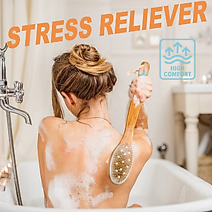 Body Shower Brush and Back Scratcher Set, Back Brush with Soft and Stiff Bristles, Exfoliating Skin and A Soft Scrub, Double-Sided Brush Head for Wet or Dry Brushing,Long Handle Cleans The Body Easily