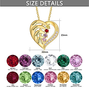 MRENITE 10K/14K/18K Solid Gold Personalized Mom Necklace with 4 Birthstone Name Heart Necklace Engraved 4 Names for Mom Wife