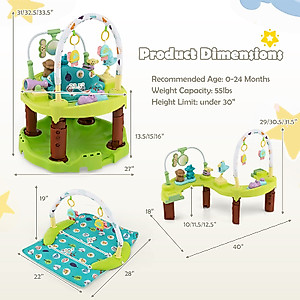 HONEY JOY Baby Bouncer Activity Center, 3-Stage Bouncing Activity Saucer & Playtime Mat & Activity Table, Toy-Bar, 3 Adjustable Heights, Foldable Exersaucer for Infants & Toddlers(Green)