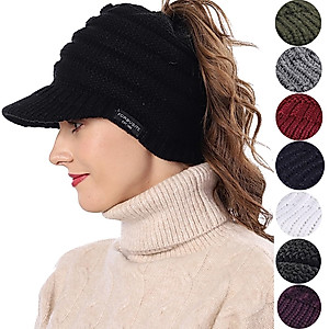 FORBUSITE Women's BeanieTail Warm Knit Hat Messy High Bun Ponytail Visor Beanie Cap B088 A-Black