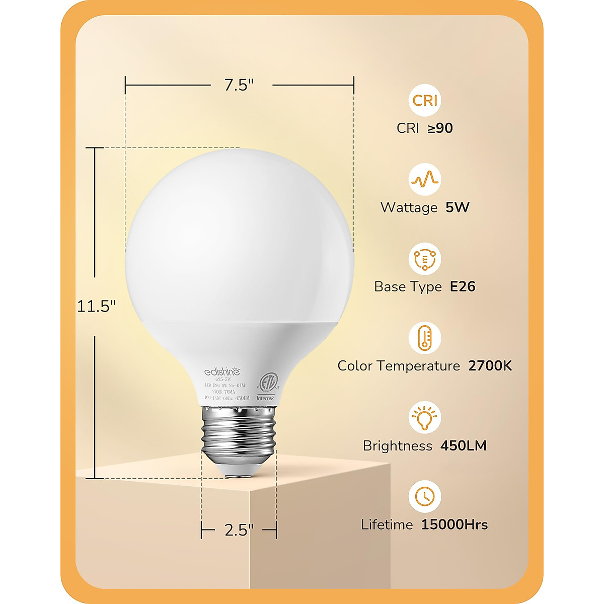 EDISHINE G25 LED Globe Light Bulbs, CRI90+ Makeup Bulbs, 5W Equivalent 25W, LED Vanity Light Bulbs for Bathroom, Makeup Mirror Light Bulbs, 2700K Warm White 450LM, E26 Base 4 Pack Non-dimmable