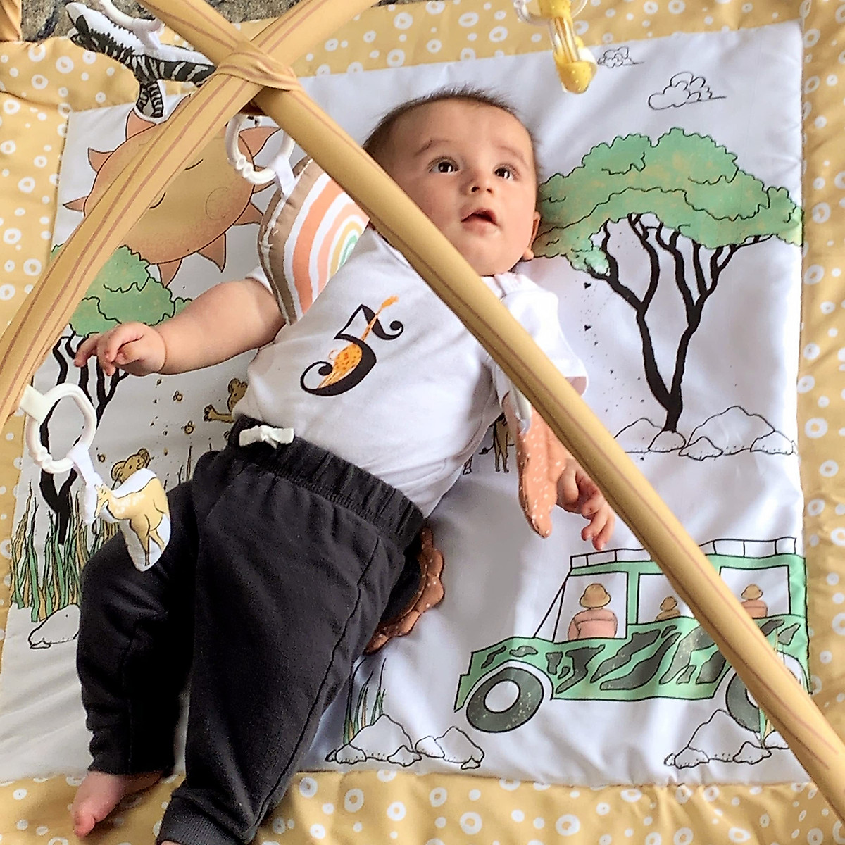 JumpOff Jo - Baby Gym Activity Center & Washable Play Mat - Includes 5 Early Development & Sensory Toys – Ideal for Infants Ages 3 Months or Older - Tiny Dino Blue