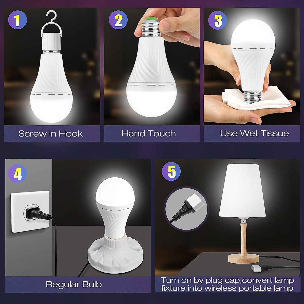 LHZHENG Emergency-Rechargeable-Light-Bulb, Stay Lights Up When Power Failure, 1500mAh 12W 60W Equivalent LED Light Bulbs for Home, Camping, Hiking (E27, with Hook,with Plug Cap) 6 Pack