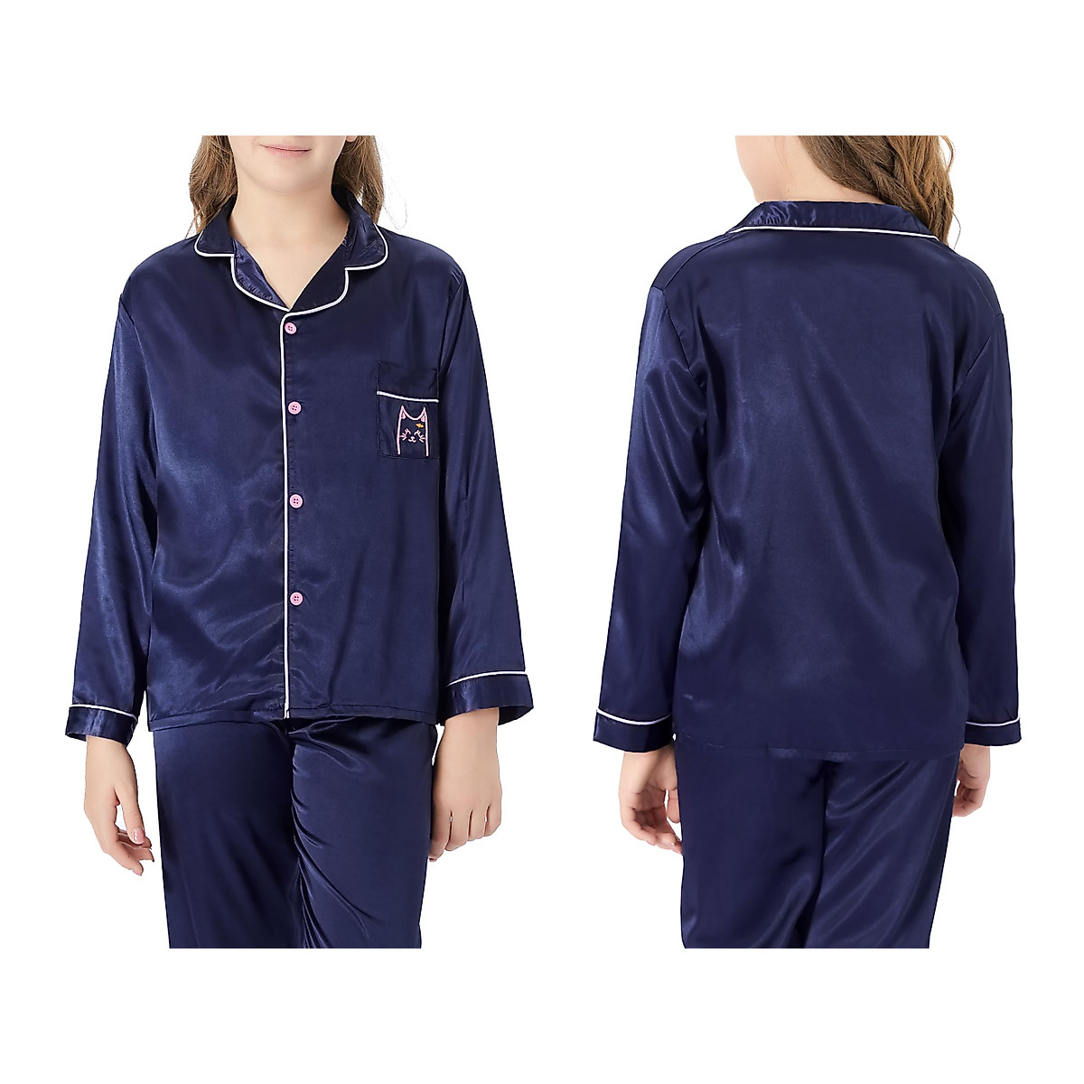 Topgal Junior Pajamas for Teen Girl - Satin Silky Button Up Cute Pyjama PJS Size 16 Navy