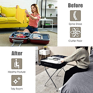 MAT EXPERT Folding Luggage Rack, No Assembly Required, 180lbs Capacity Luggage Holder w/ Nylon Straps & Non-slip Footpads, Chrome Suitcase Stand for Guest Room Home Bedroom Hotel, Set of 4, Silver