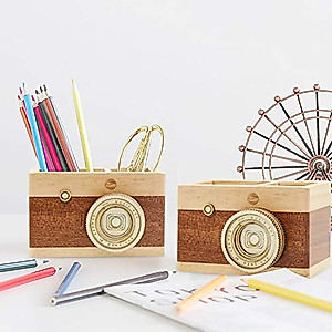 VOSTOR Zakka Camera Wooden Pencil Holder Desktop Pencil Holder Vintage Camera Decor Stationary Makeup Organizer Holder for Office Home, Back to School Gift For Photographers and Students