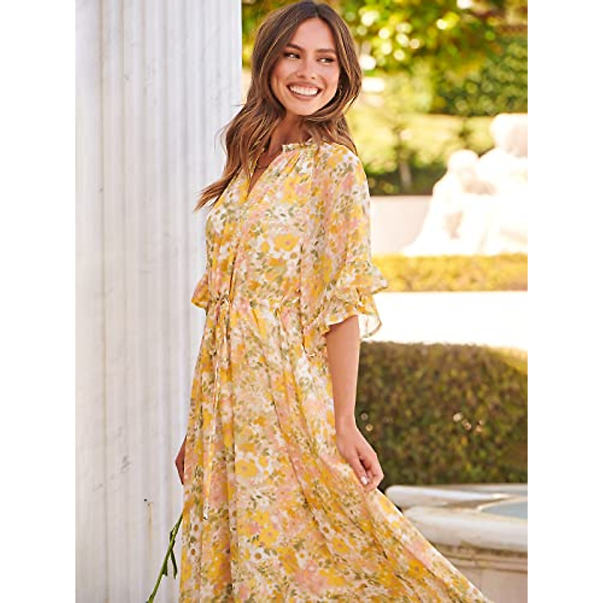 ANRABESS Women's Summer Ruffle Maxi Dress Floral Print 3/4 Bell Sleeve V Neck High Waist Flowy Boho Long Dress 746fenhuang-XL
