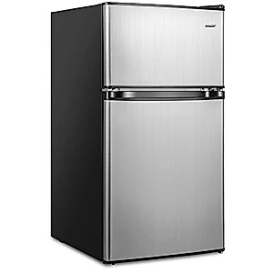 COSTWAY Compact Refrigerator, 3.2 Cu.Ft. Fridge Freezer Compartment with Reversible 2 Door, Adjustable Thermostat, Removable Glass Shelves, Mini Refrigerator for Bedroom Dorm Apartment Office, Silver