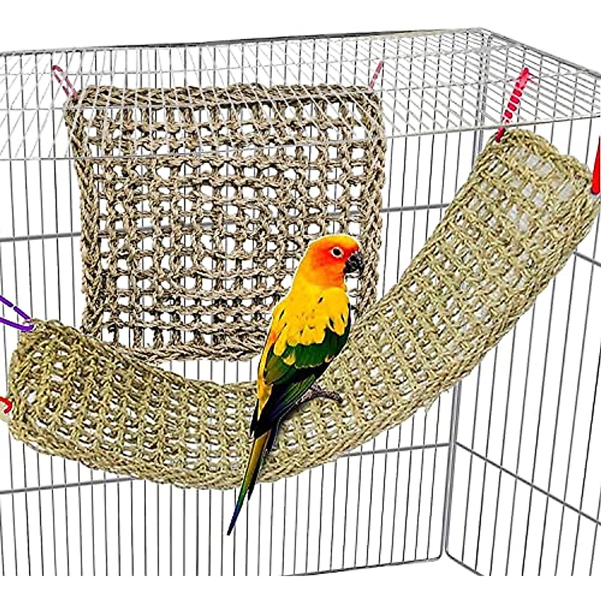 Bird Seagrass Mat,Natural Seagrass Woven Net Bird Foraging Chew Wall Toys Parakeet Hammock Mat with Hooks for Lovebird Cockatiel Conure Budgie,Size 28.3" X 6.7" and 11.81" X 11.81"(2 Pcs)