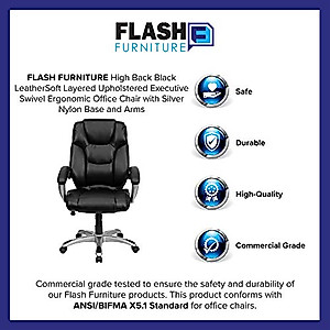 Flash Furniture Heather High Back Black LeatherSoft Layered Upholstered Executive Swivel Ergonomic Office Chair with Silver Nylon Base and Arms